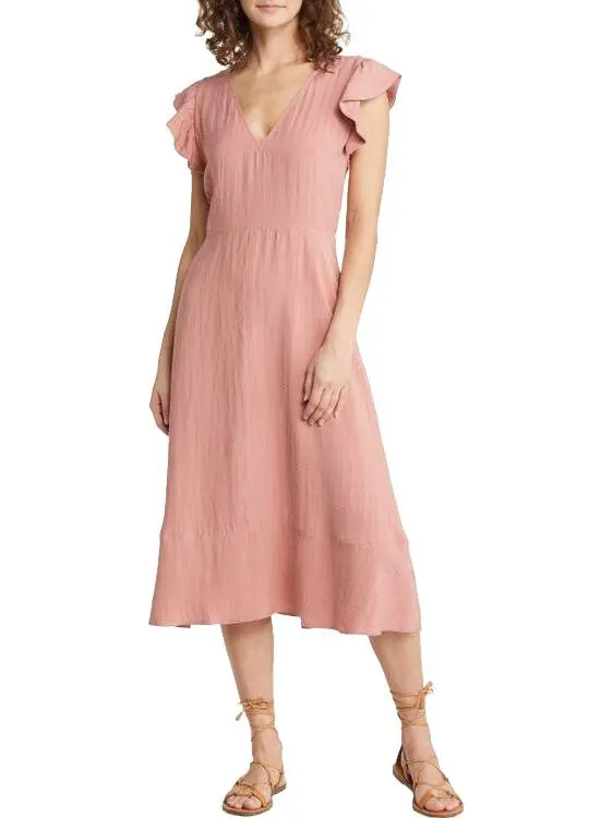Treasure & Bond Flutter Sleeve V-neck Midi Dress - Pink Desert