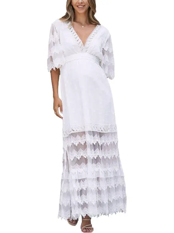 ANGEL MATERNITY Lace Cotton Maxi Dress - White
