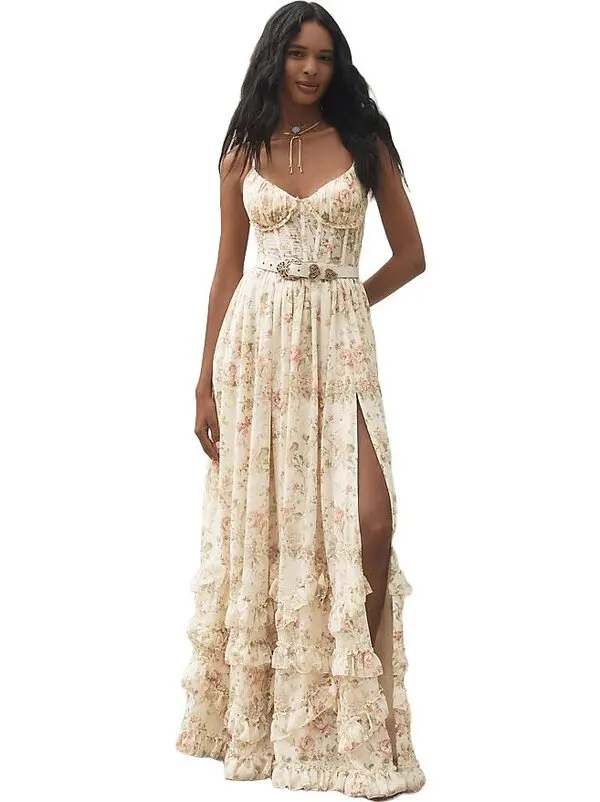 V. CHAPMAN Carmen Corset Front-slit Ruffled Gown - Light Yellow