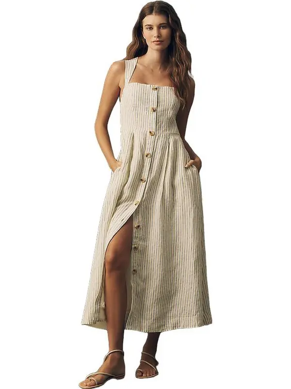 Maeve Sleeveless Square Neck Button-front Midi Dress - Yellow Stripe