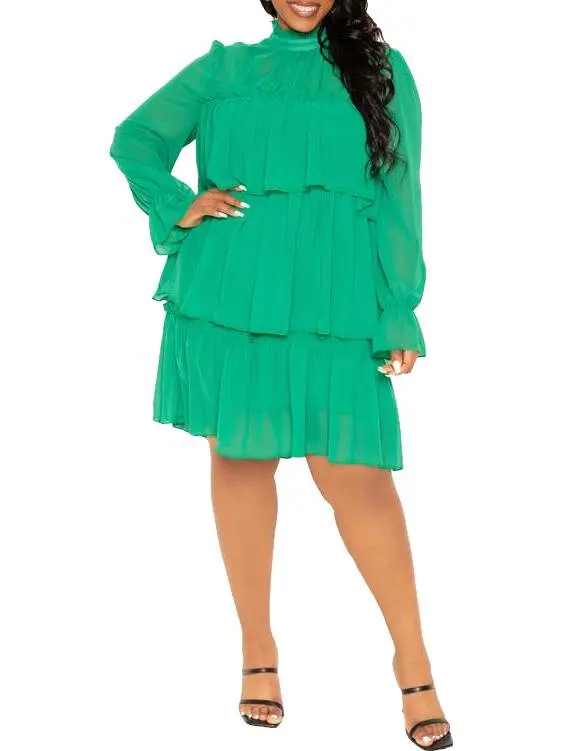 BUXOM COUTURE Tiered Long Sleeve Minidress - Green