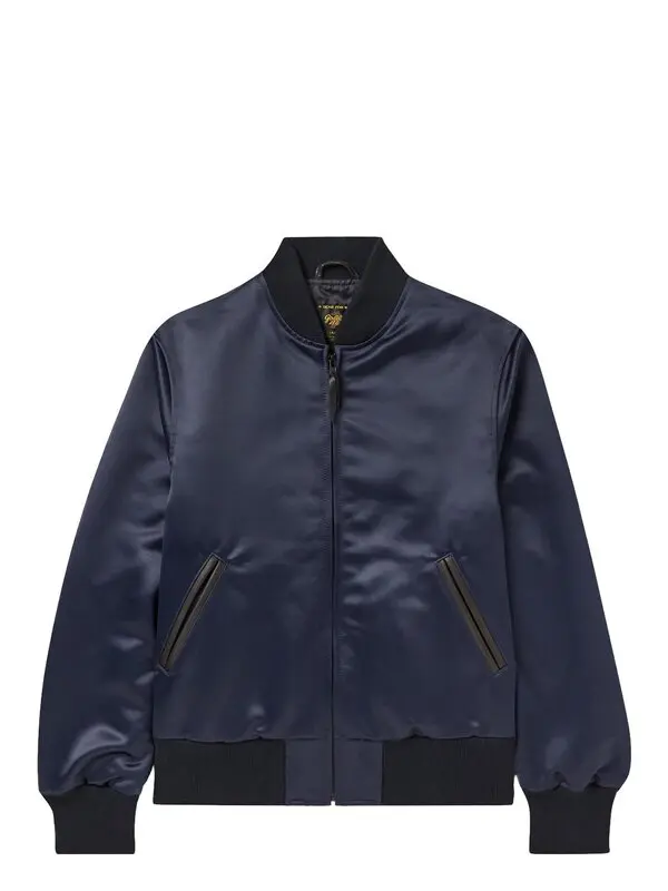 Golden Bear Leather-trimmed Satin Bomber Jacket - Blue