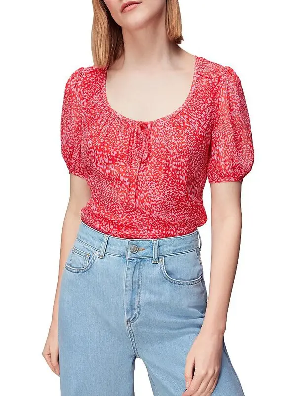 Whistles Diagonal Leopard Print Puff Sleeve Top - Red/multi