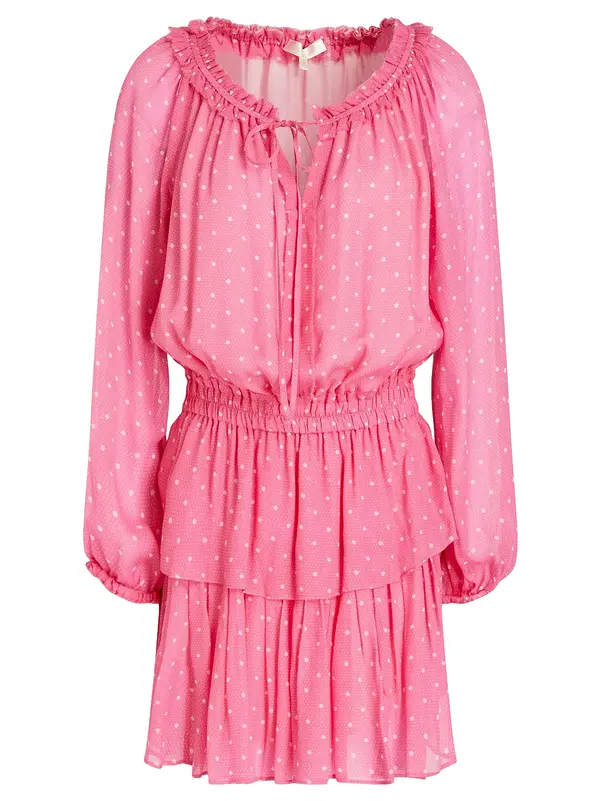 LoveShackFancy Popover Gathered Polka Dot Chiffon Mini Dress - Pink