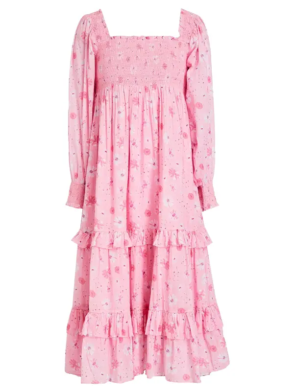 LoveShackFancy Miri Smocked Floral-print Cotton-gauze Midi Dress - Bubblegum