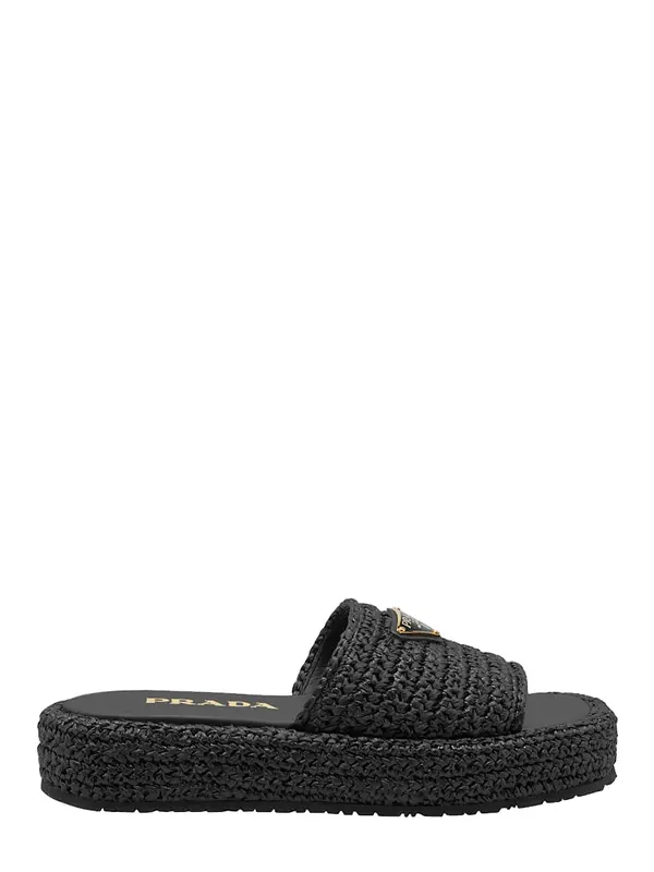 Prada Raffia Platform Slides - Nero