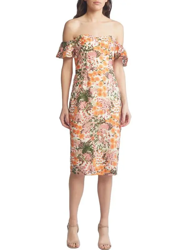 Dress The Population Tara Off-the-shoulder Midi Dress - Apricot Multi