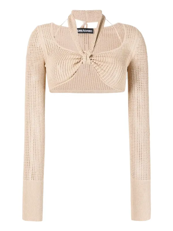 ANDREĀDAMO Open-knit Halterneck Crop Top - Neutrals