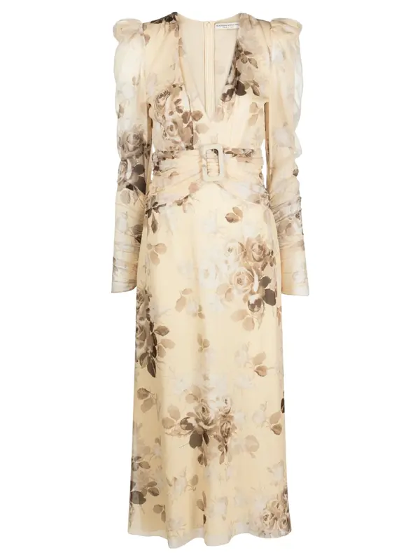 Alessandra Rich Floral-print Belted Silk Dress - Neutrals