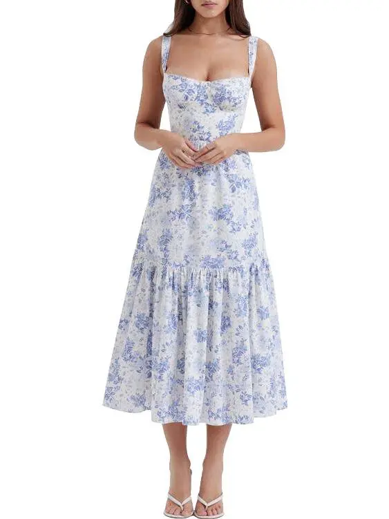 House Of Cb Elia Floral Corset Sundress - Blue Print Flower