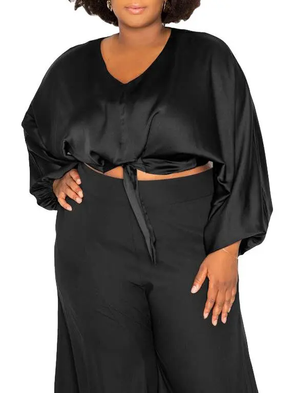 BUXOM COUTURE Tie Front Long Sleeve Blouse - Black
