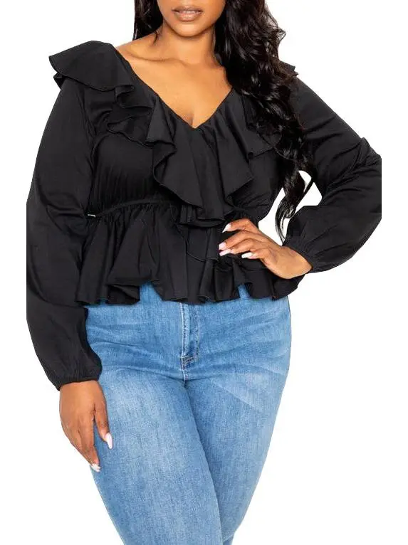 BUXOM COUTURE Ruffle Peplum Blouse - Black