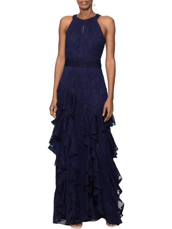 XSCAPE EVENINGS Ruffle Metallic Gown - Navy