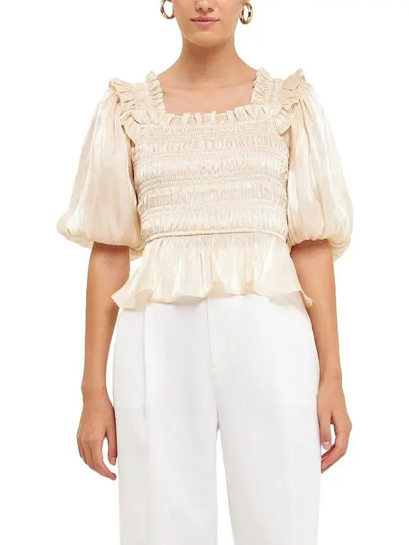 Endless Rose Sheen Smocked Blouse - Cream