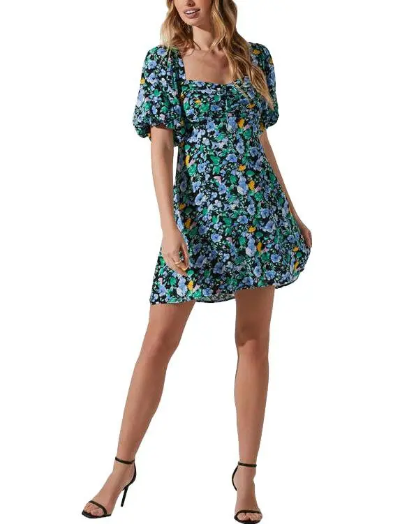 Astr The Label Floral Print Puff Sleeve Dress - Periwinkle Black Multi