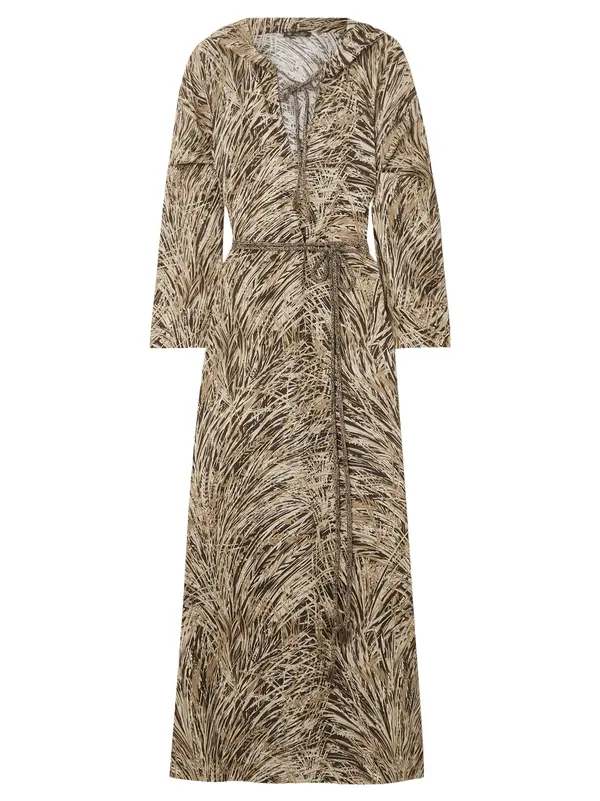 Loro Piana Lauraine Belted Printed Hooded Linen Maxi Dress - Brown
