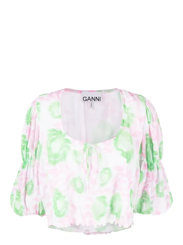 GANNI Floral-print Pleated Georgette Blouse - Pink