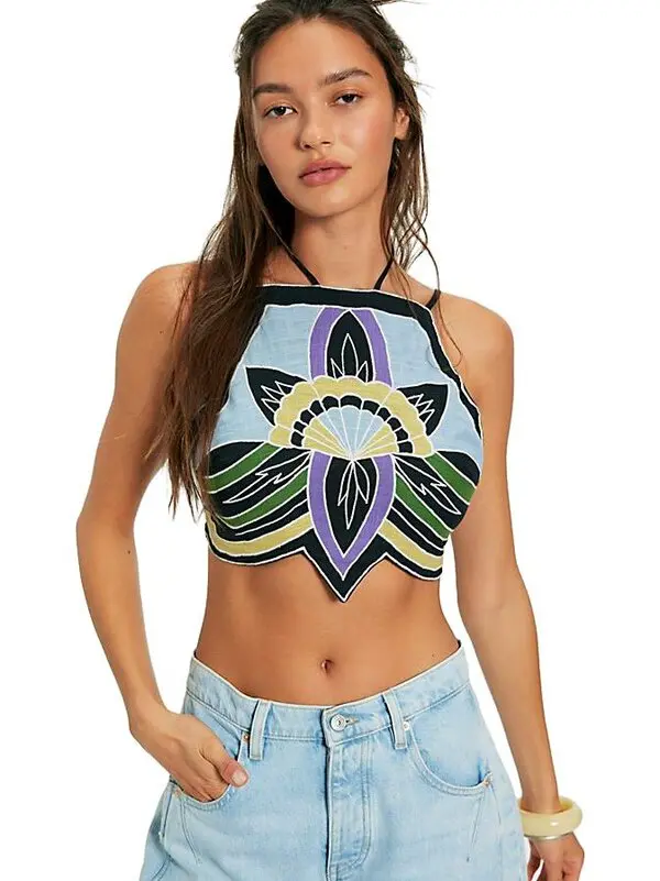 Free People Lotus Applique Halter Top - Night Market Combo