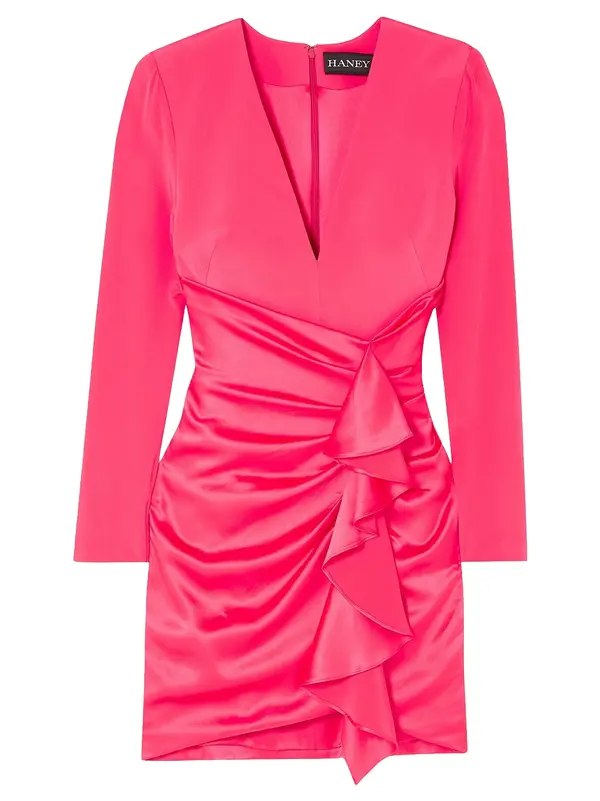 Haney Lilly Ruffled Crepe-paneled Silksatin Mini Dress - Bright Pink