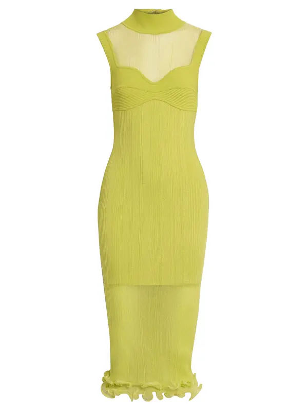 Herve Leger Layered Ribbed Tulle And Stretch-knit Midi Dress - Chartreuse
