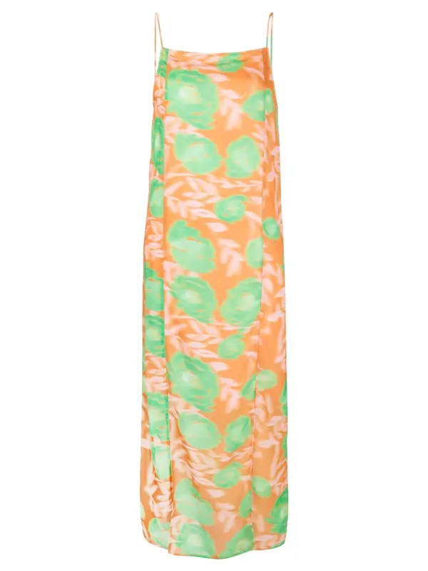 GANNI Floral-print Slip Midi Dress - Orange
