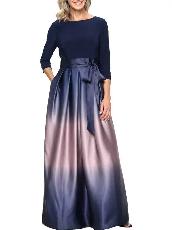 SL FASHIONS Slny Tie Waist Ombrè Skirt Gown - Navy/mauve