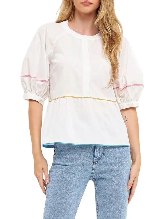 English Factory Piping Detail Cotton Blouse - Ivory