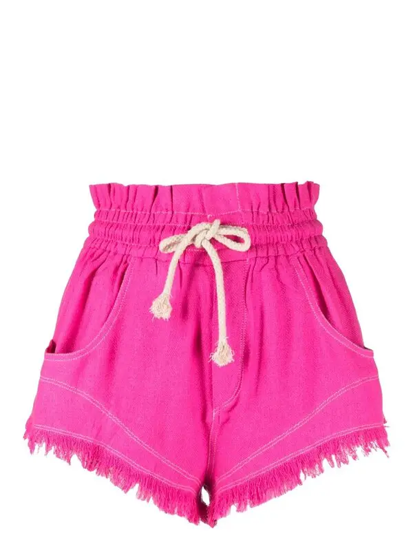 MARANT ETOILE Fuchsia Silk Drawstring Frayed Shorts - Pink