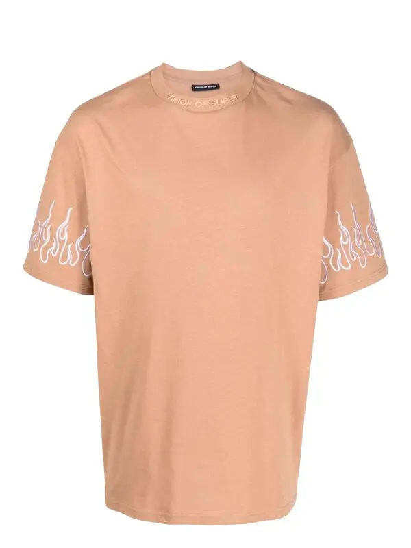 VISION OF SUPER Flame-embroidered Cotton T-shirt - Brown