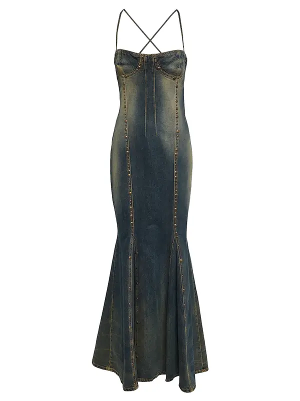 Blumarine Embellished Denim Gown - Brown