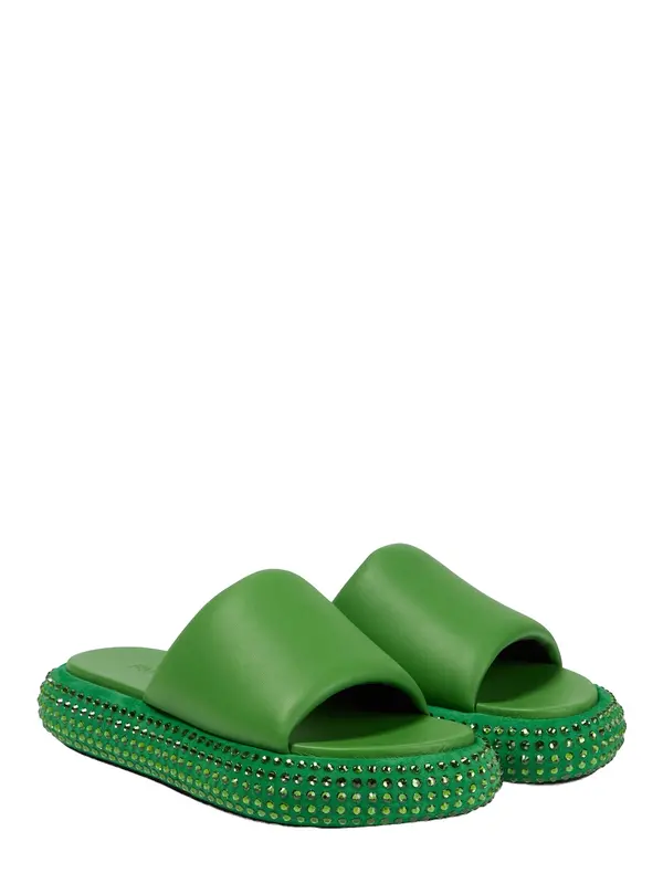 JW Anderson Embellished Leather Slides - Green