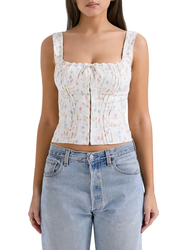 House Of Cb Chicca Square Neck Corset Top - White/ Pink Blue Floral Print