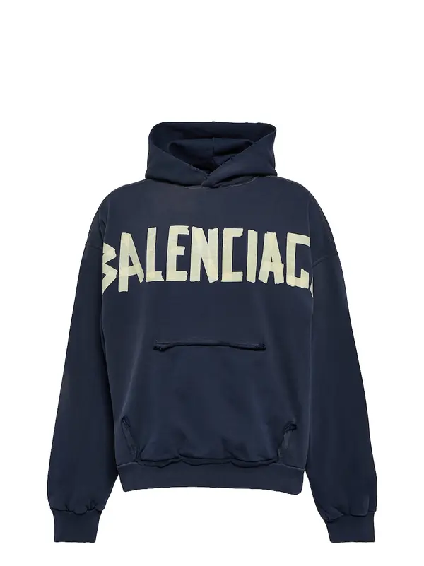 Balenciaga Tape Logo Cotton Jersey Hoodie - Blue