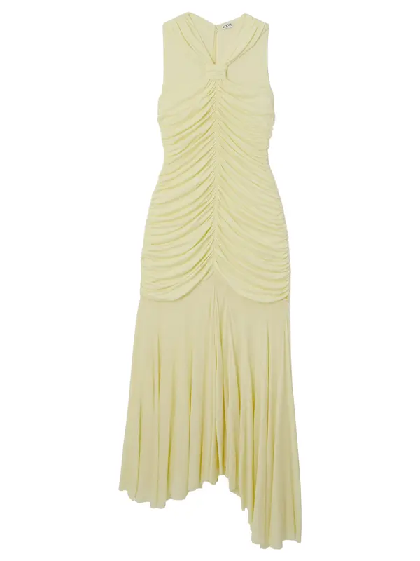 Loewe Asymmetric Gathered Crepe Midi Dress - Yellow