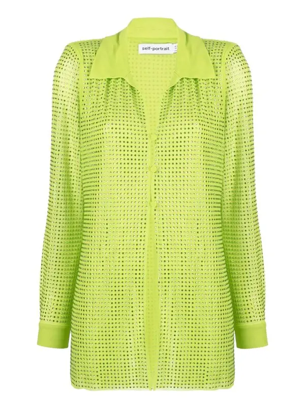 SELF-PORTRAIT Rhinestone-studded Mesh Shirt - Green