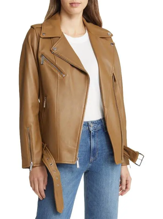 Michael Kors Oversize Moto Leather Jacket - Husk