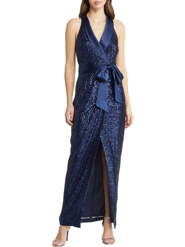 Eliza J Sequin Tuxedo Gown - Navy