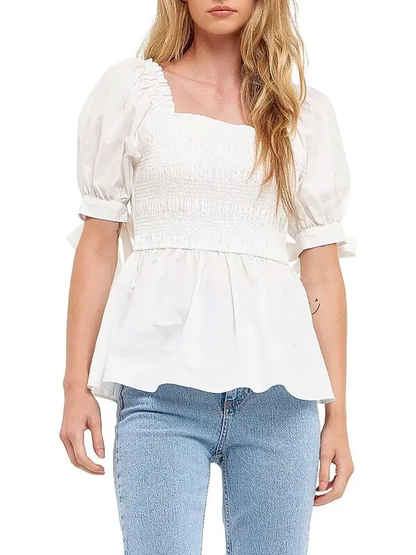 English Factory Smocked Peplum Top - Ivory