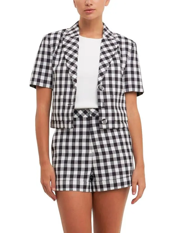 English Factory Short Sleeve Gingham Blazer - Black