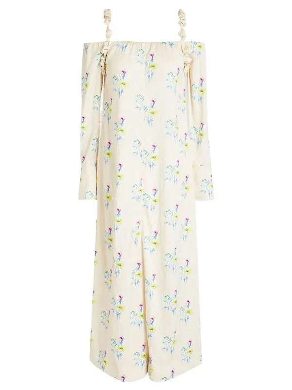 GANNI Cold-shoulder Floral-print Crinkled-satin Midi Dress - Cream