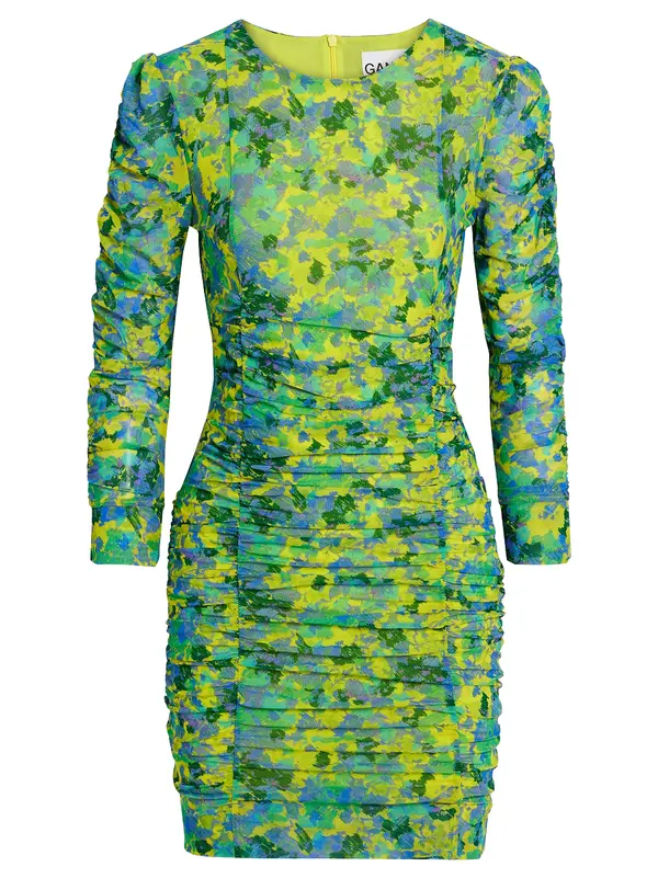 GANNI Ruched Floral-print Mini Dress - Bright Green