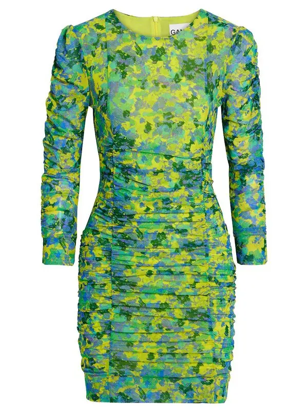GANNI Ruched Floral-print Mini Dress - Bright Green