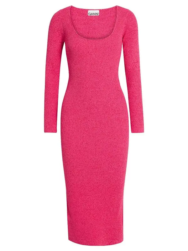 GANNI Marled Ribbed-knit Midi Dress - Fuchsia