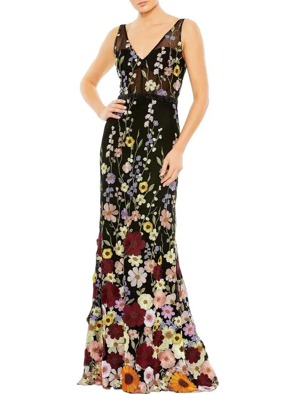 Mac Duggal Mac Floral-embroidered Tulle Gown - Black Multi