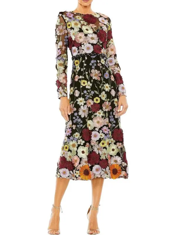 Mac Duggal Mac Floral Embroidered Midi-dress - Black Multi