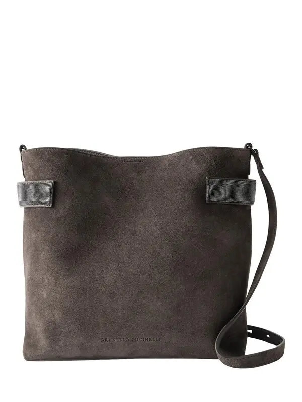 Brunello Cucinelli Bead-embellished Suede Shoulder Bag - Brown