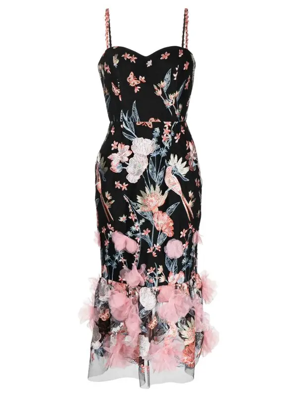 Marchesa Butterfly And Floral Appliqué Midi Dress - Black