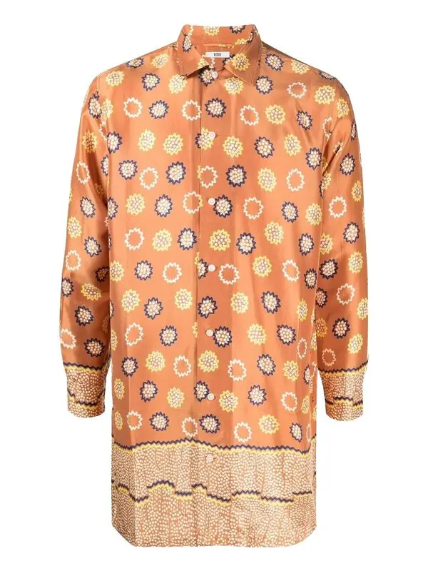 BODE All-over Graphic Print Silk Shirt - Brown