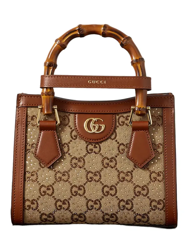 Gucci Diana Mini Leather-trimmed Crystal-embellished Canvas-jacquard Tote - Brown