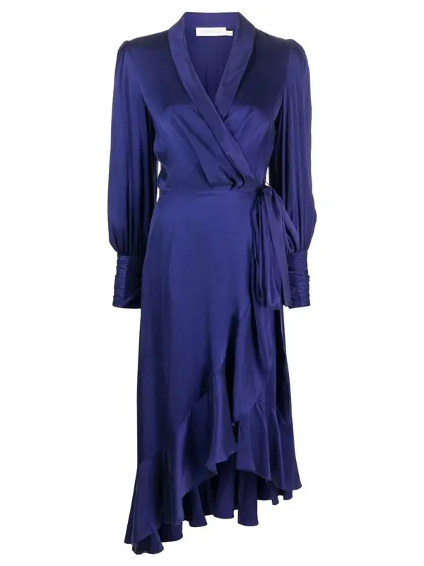 Zimmermann Ruffled Silk Wrap Midi Dress - Blue